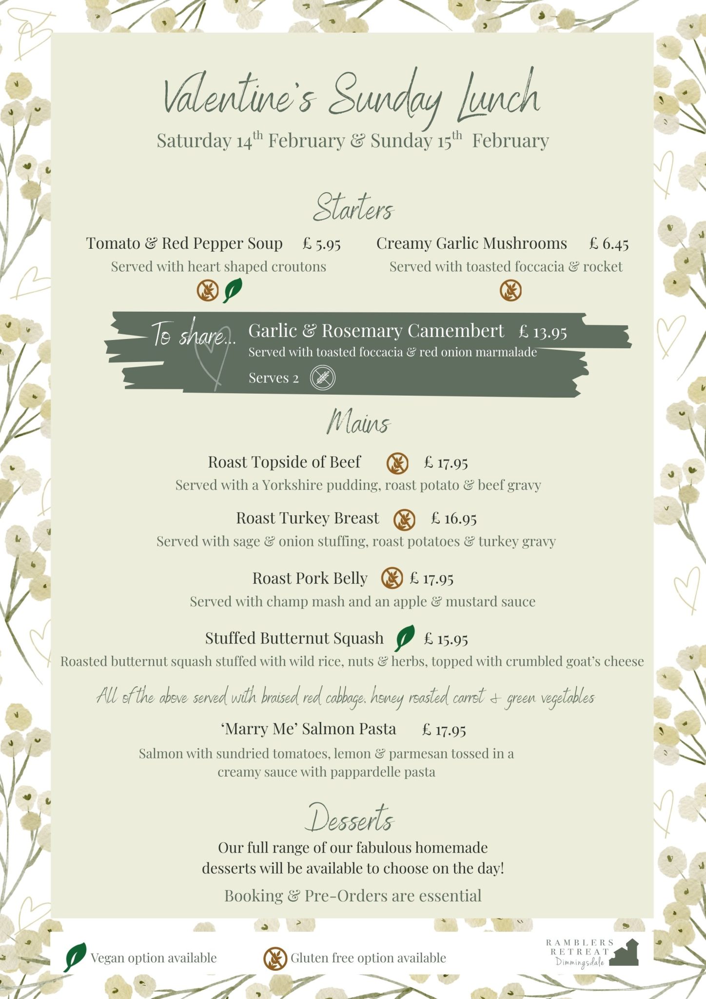 Valentine's Sunday Roast - Ramblers Retreat Ramblers Retreat | Dimmingsdale